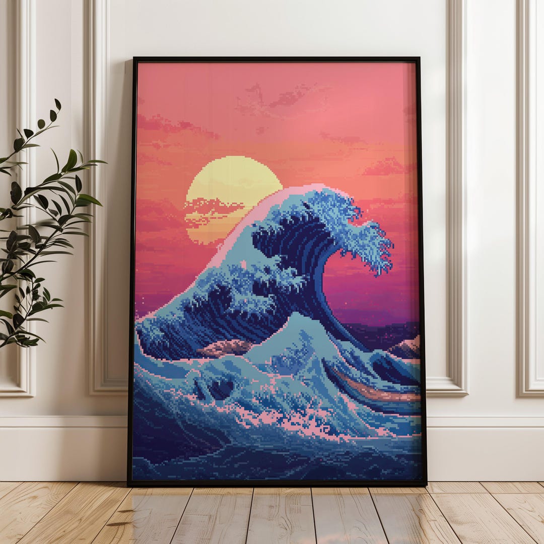 Hokusai Poster, Waporwave Art, Japanese City Pop, the Great Wave, Pixel ...