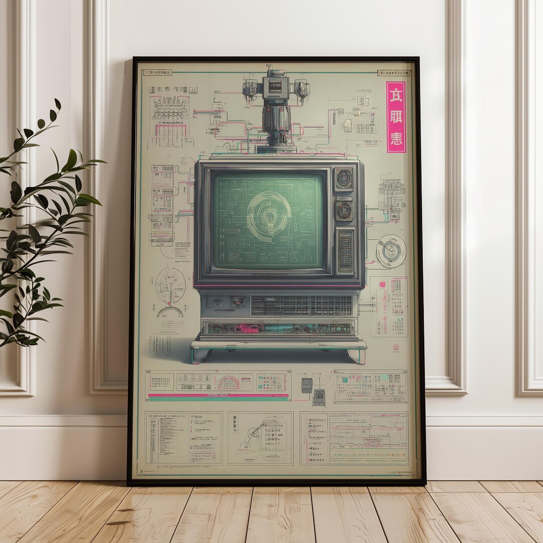 Vintage Retro Computer Blueprint, Technical Schematic, Digital Poster ...