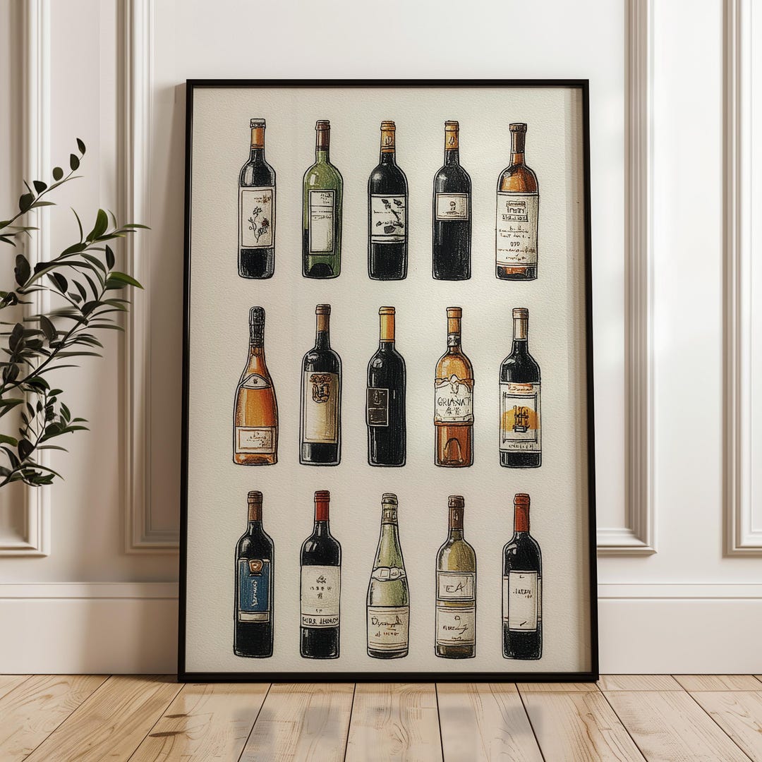 Wine Selection Art Poster: Handdrawn Bottles Illustration , Digital ...