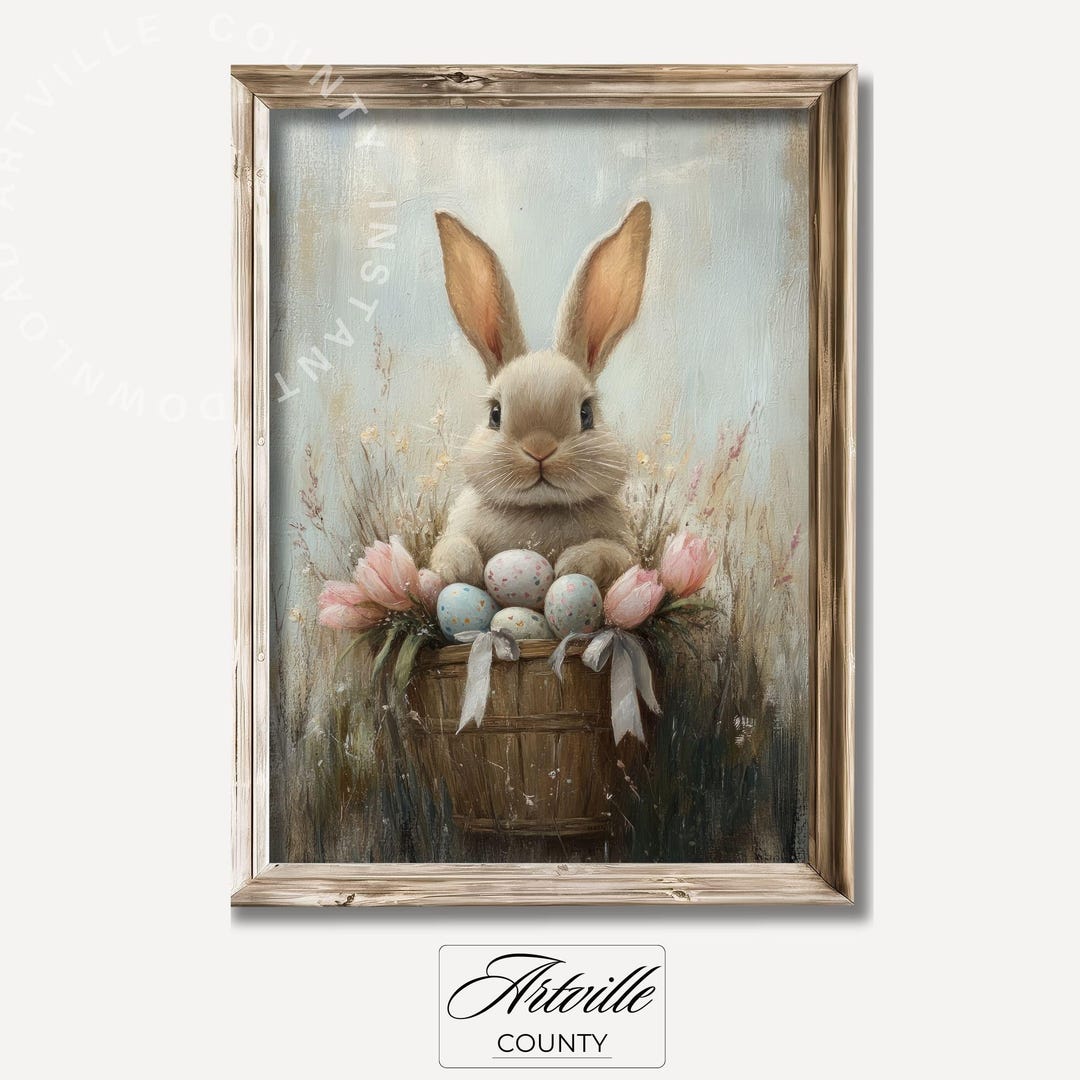 Printable Cute Bunny With Easter Eggs Painting Vintage Spring Print ...