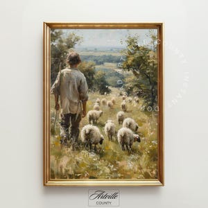 Vintage Shepherd With Sheep Painting, Grazing Sheep Print, Farm Animal ...