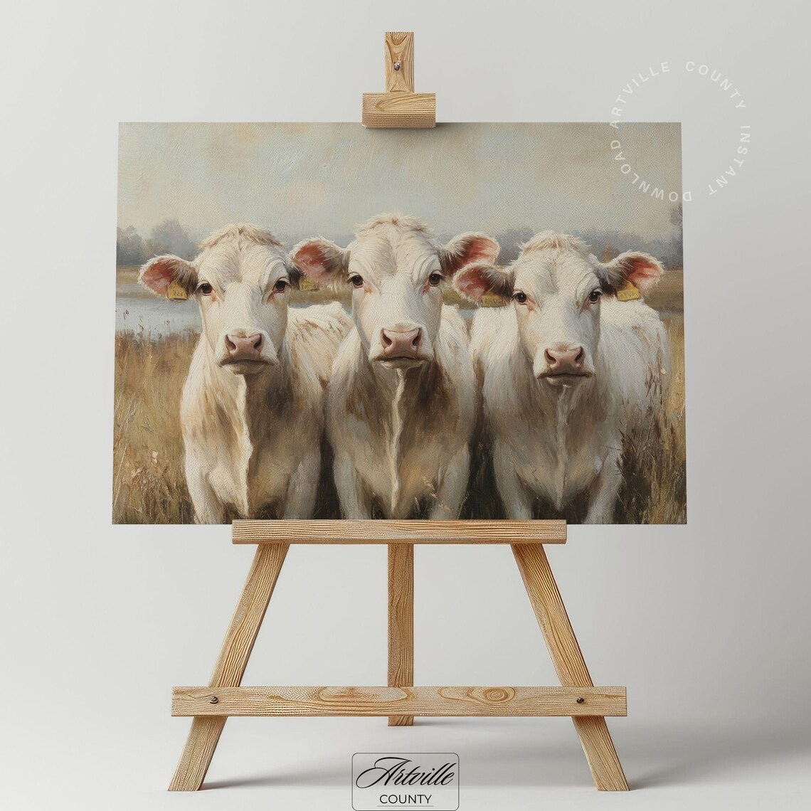 Vintage Curious Cows Print, Country Landscape Painting, Printable Cow ...