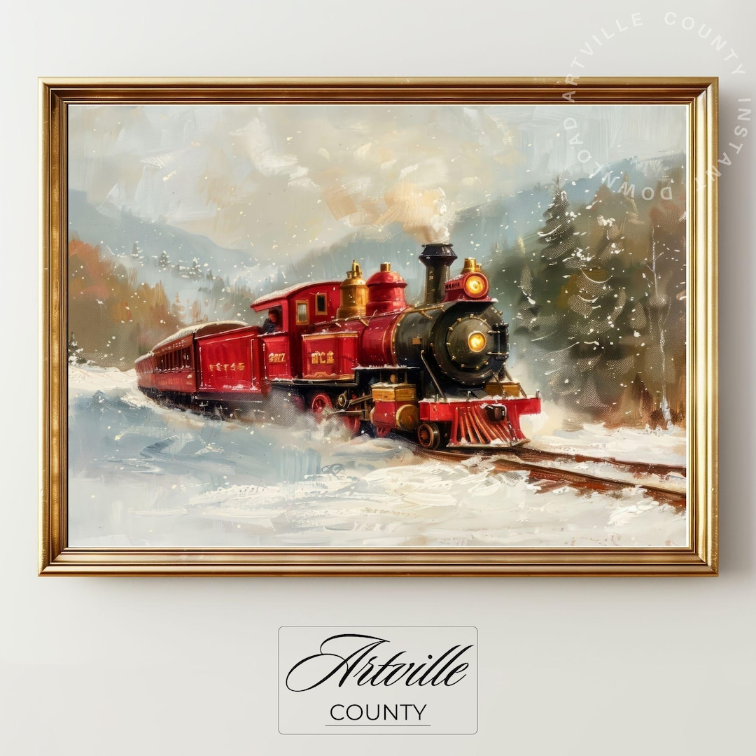 Vintage Christmas Train Wall Art, Printable Winter Landscape Oil ...