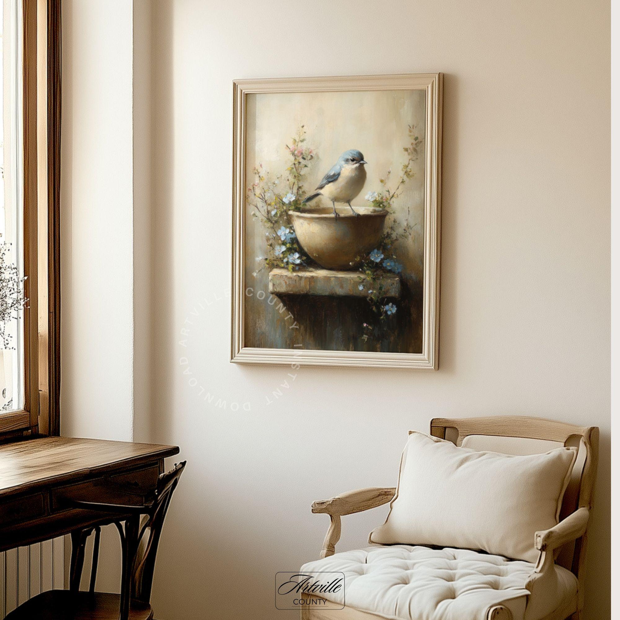 Printable Bird Spring Wall Art, Vintage Bird Oil Paining, Blooming ...