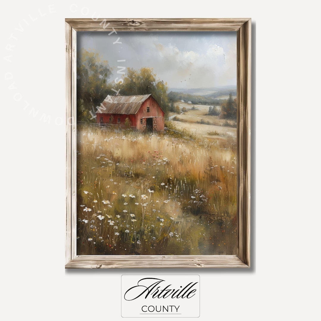 Vintage Barn Oil Painting, Printable Cottagecore Art, Farmhouse Wall ...