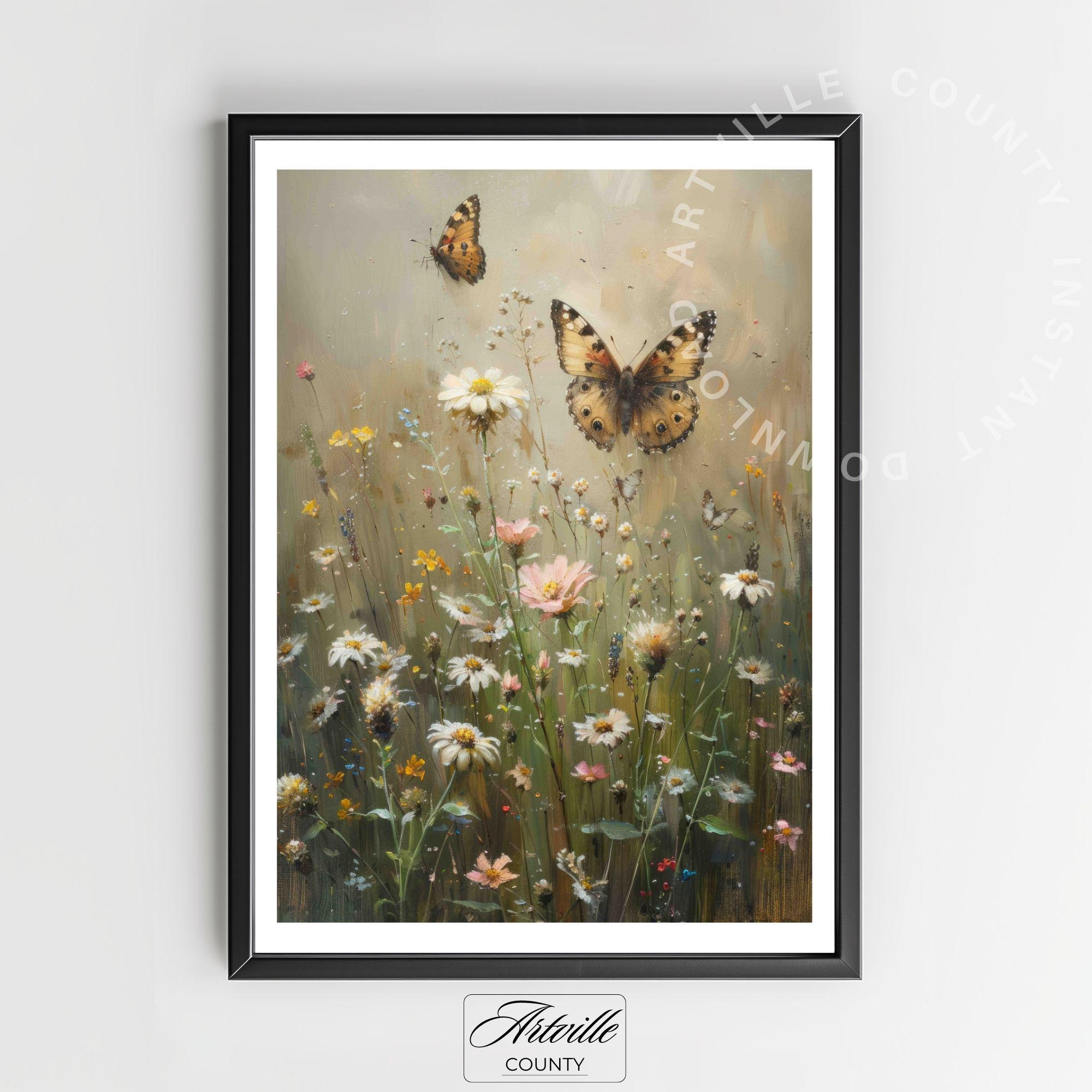 Printable Butterfly on Wildflowers Painting Farmhouse Rustic Decor ...