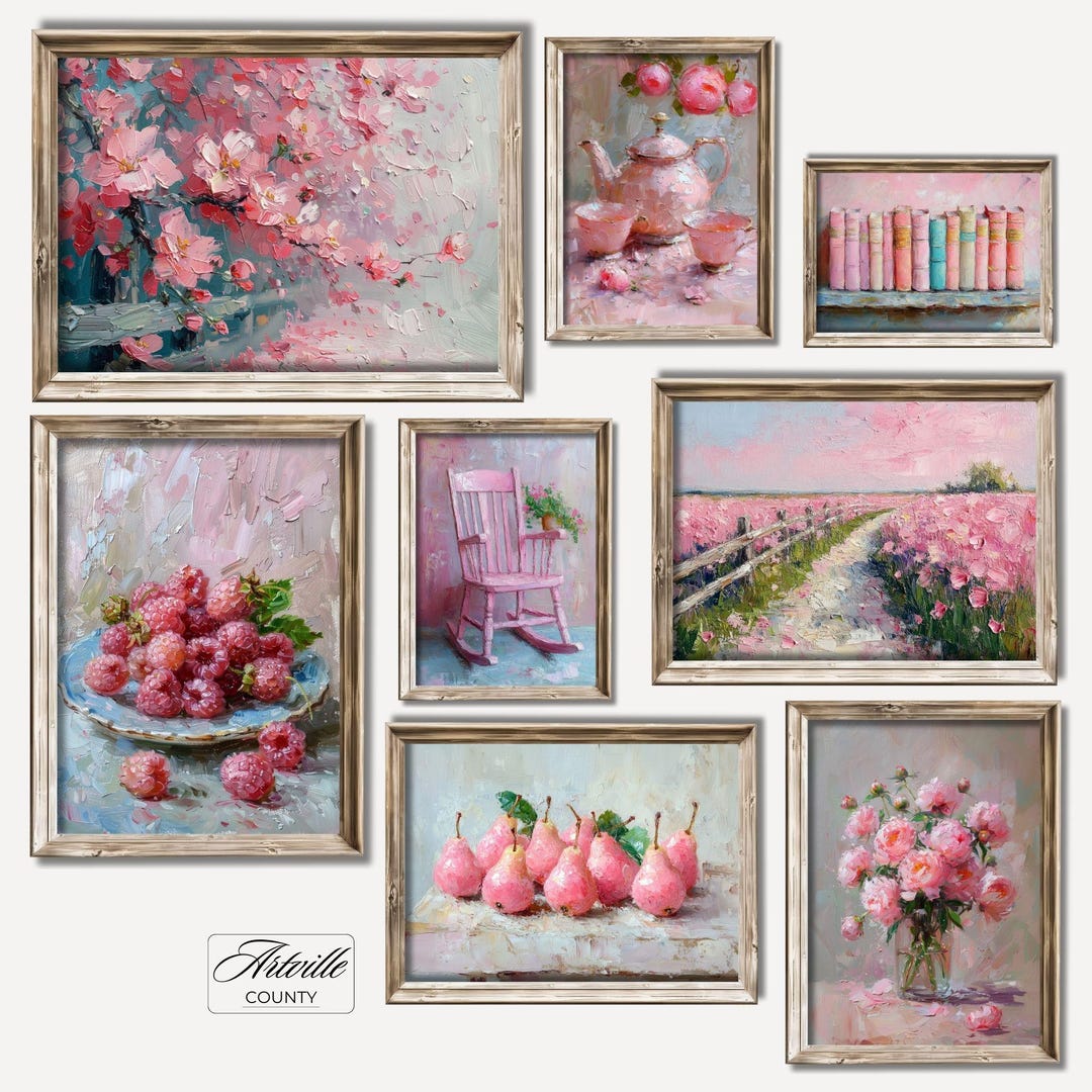 Vintage Pink Prints Set of 8, Printable Cottagecore Gallery Wall Art ...