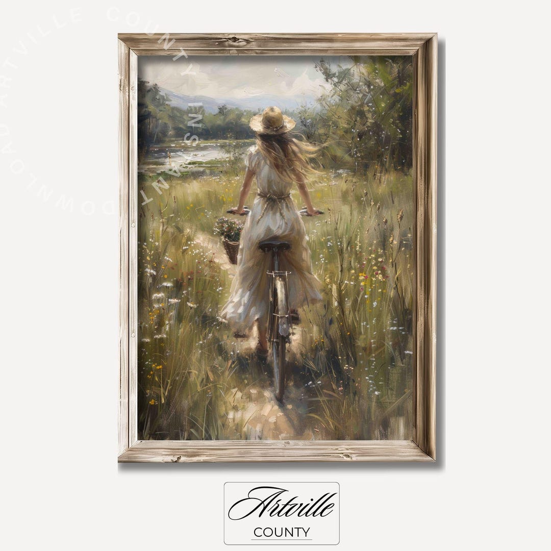 Vintage Girl on Bicycle Wall Art, Printable Spring Landscape Painting ...