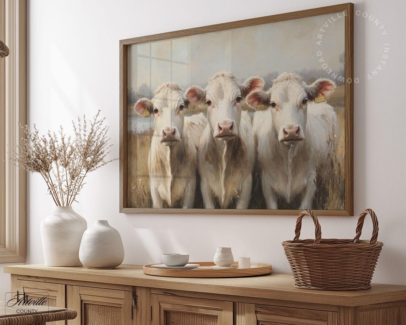 Vintage Curious Cows Print, Country Landscape Painting, Printable Cow ...