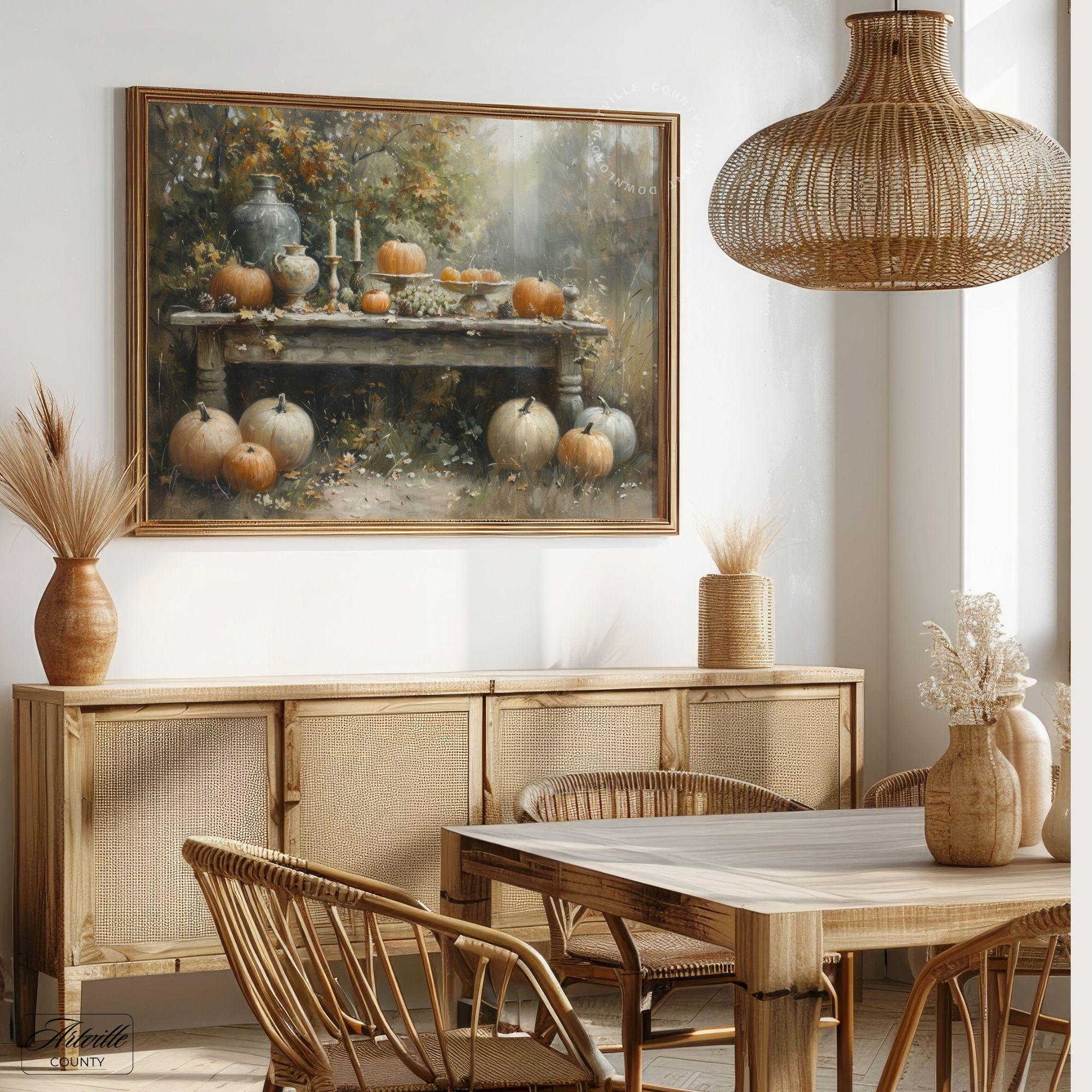 Vintage Thanksgiving Table Print, Rustic Pumpkin Still Life Painting ...