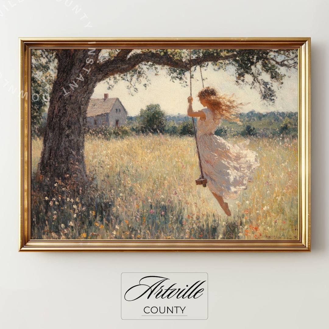 Vintage Girl on Swing Painting: Cottagecore Countryside Wall Art ...