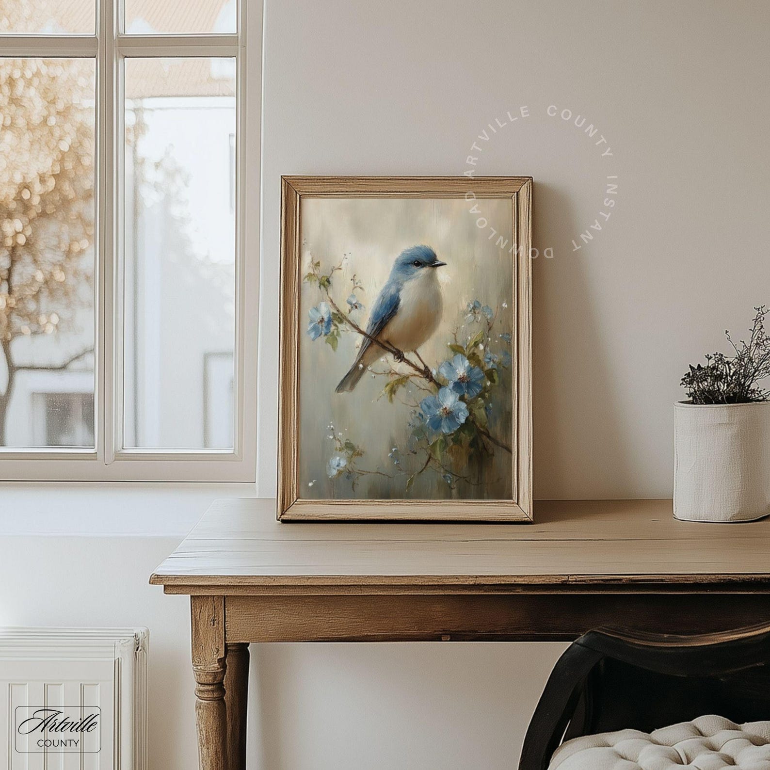 Vintage Bluebird on Tree Wall Art, Printable Bird Oil Paining, Blooming ...