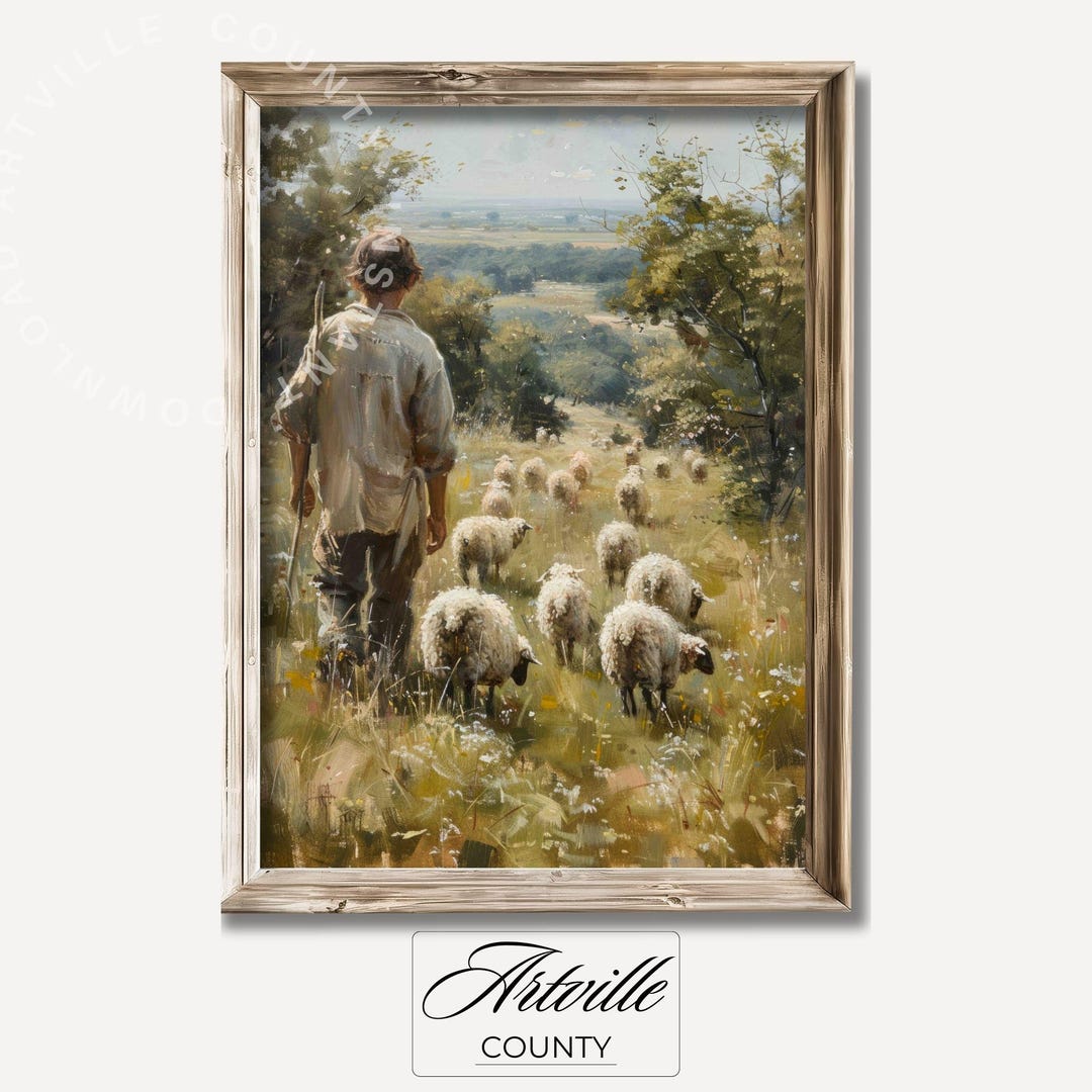 Vintage Shepherd With Sheep Painting, Grazing Sheep Print, Farm Animal ...