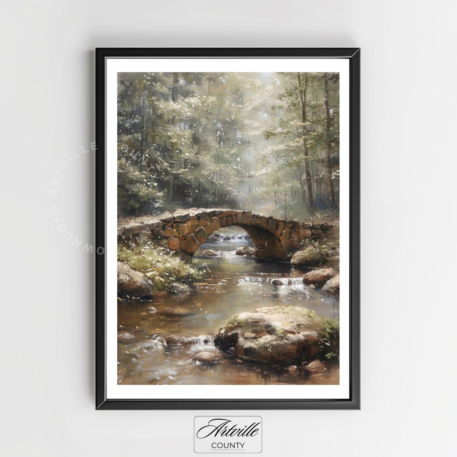 Printable Forest Bridge Painting, Farmhouse Wall Art, Vintage Landscape ...