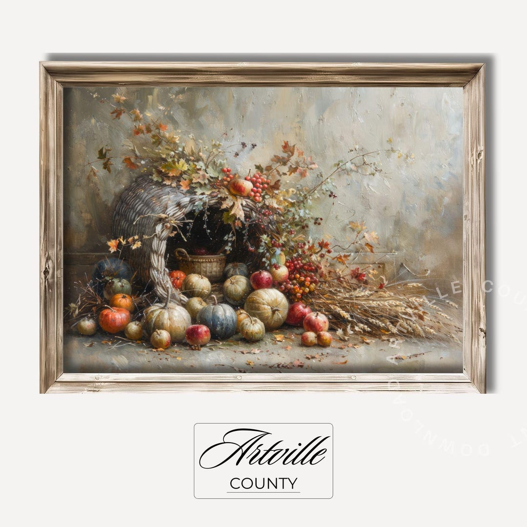 Printable Autumn Cornucopia Still Life Painting, Rustic Fall Decor for ...