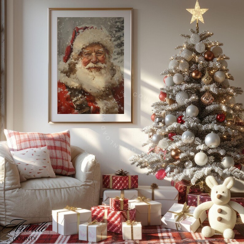 Vintage Santa Portrait Wall Art, Printable Christmas Art, Rustic Winter ...