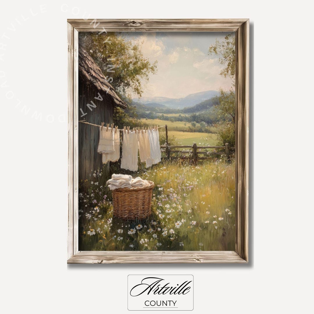 Vintage Laundry Day Print, Printable Country Landscape Painting ...