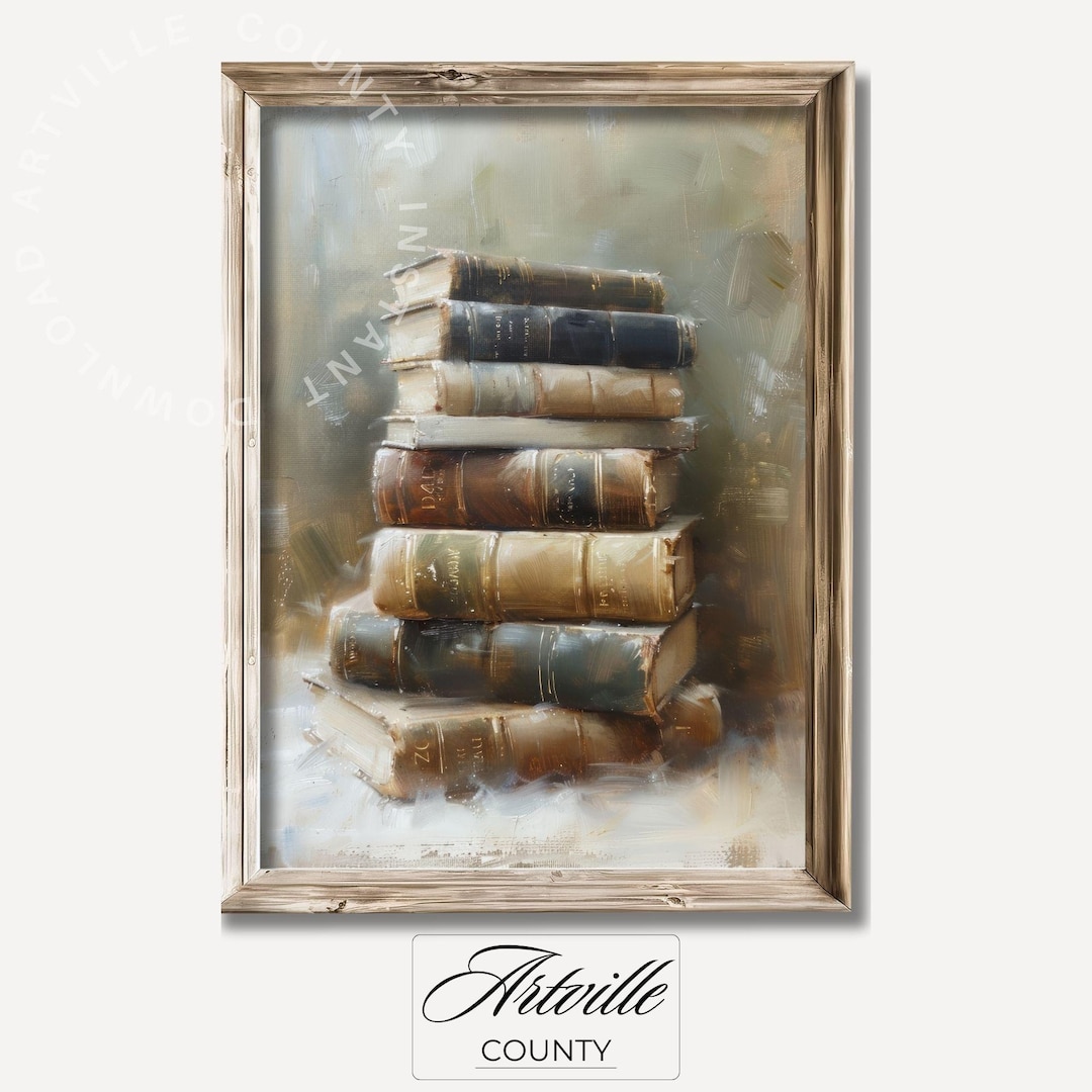 Printable Vintage Books Oil Painting, Classroom Art Print, Rustic Study ...