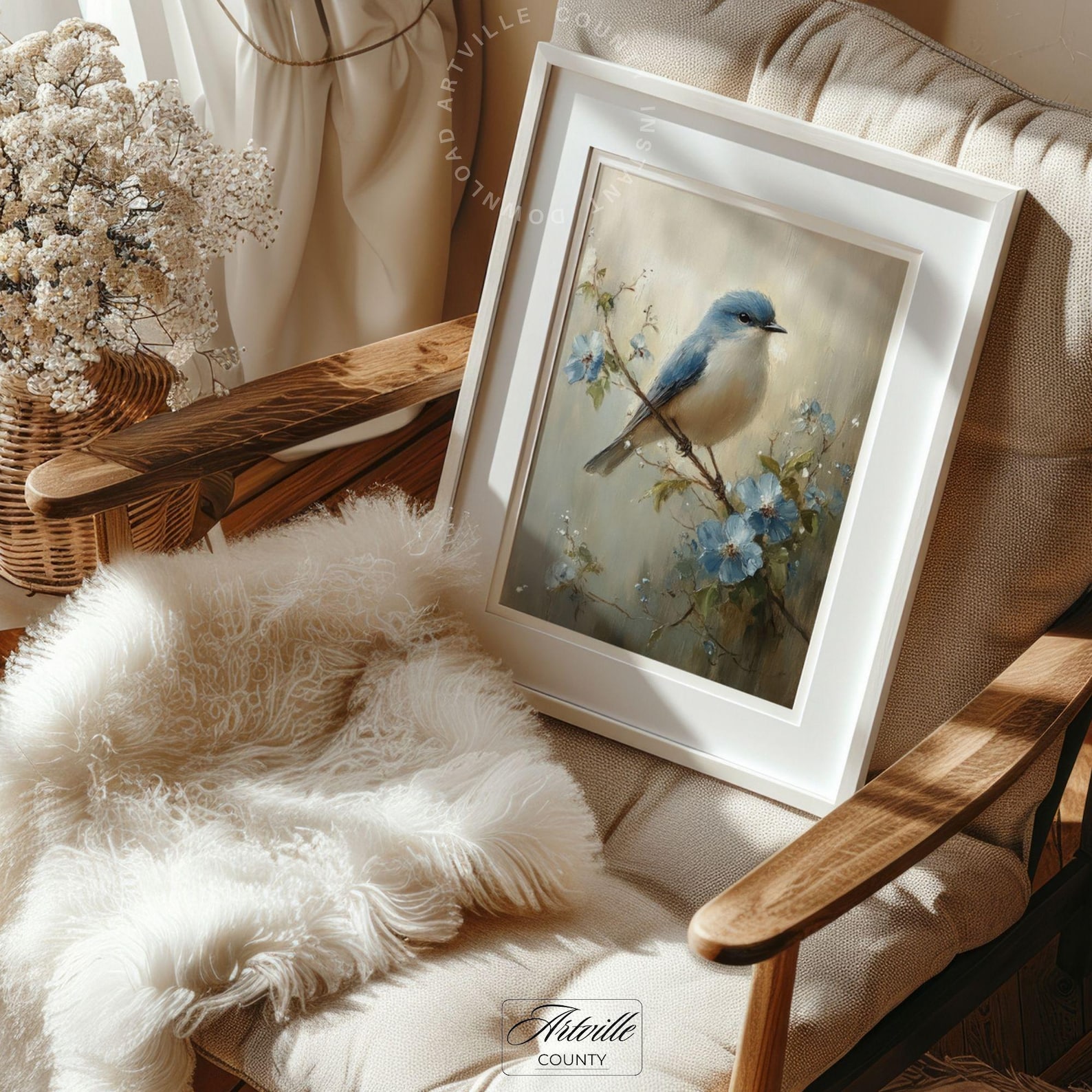 Vintage Bluebird on Tree Wall Art, Printable Bird Oil Paining, Blooming ...