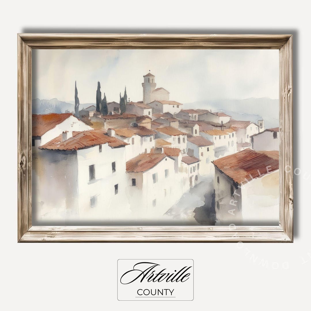 Printable Watercolor Rooftop Painting, European Townscape Print, Rustic ...