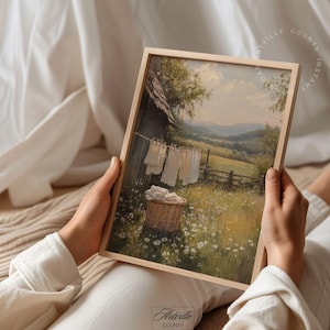 Vintage Laundry Day Print, Printable Country Landscape Painting ...