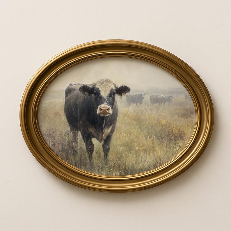 Printable Vintage Cow Print, Country Landscape Painting, Cow Art ...