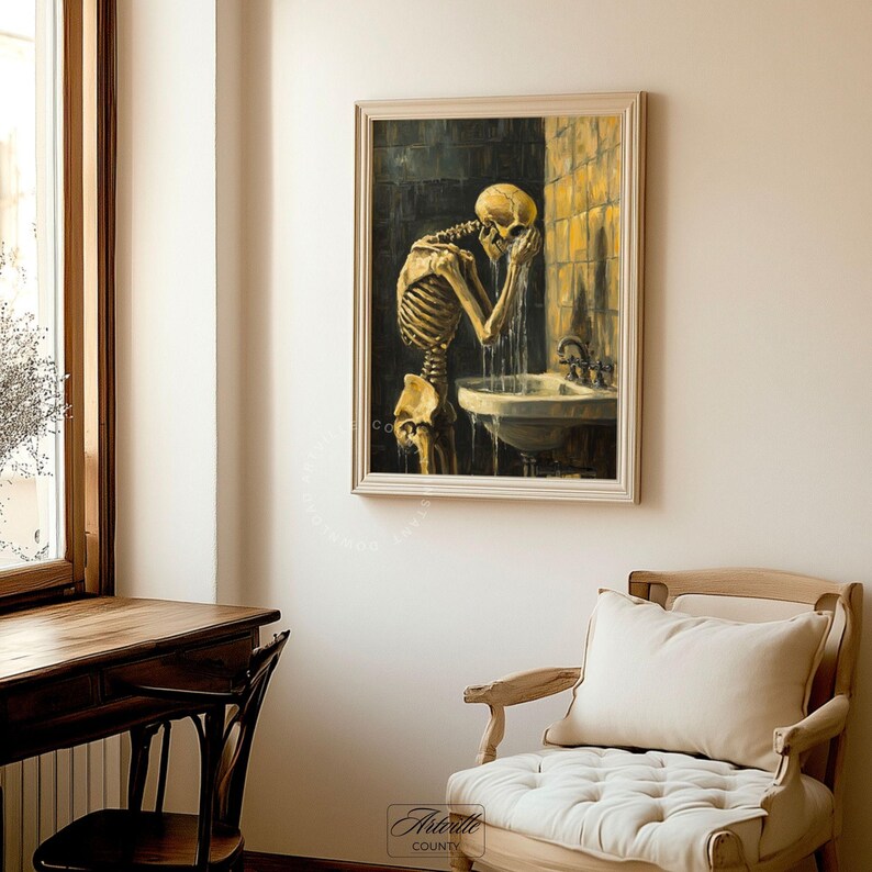 Skeleton Bathroom Art Print: Gothic Skull Halloween Decor (digital ...