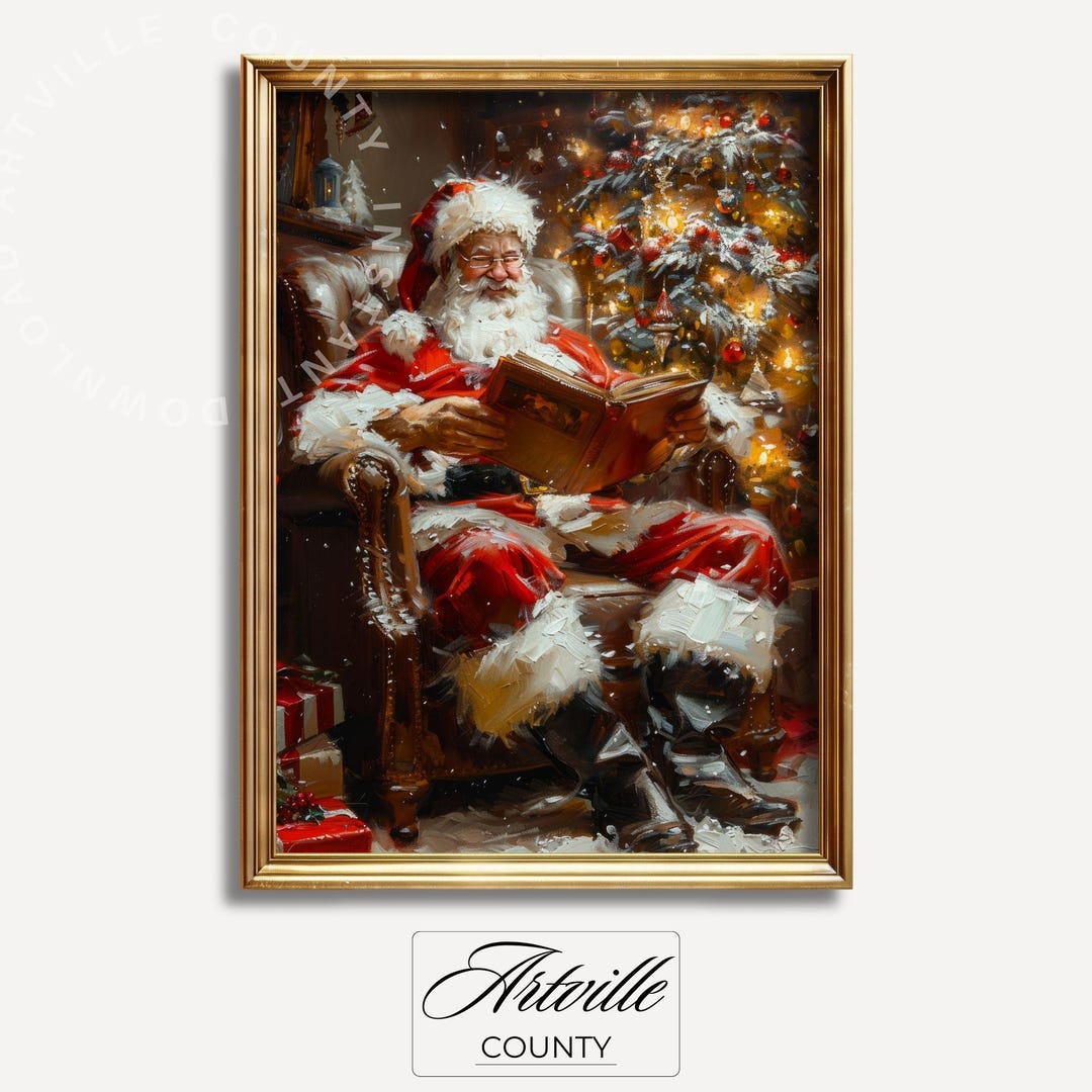 Vintage Santa Christmas Wall Art, Printable Santa Reading Book Art ...