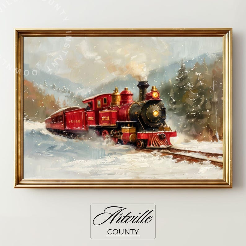 Red Christmas Train Wall Art, Printable Winter Landscape Painting ...