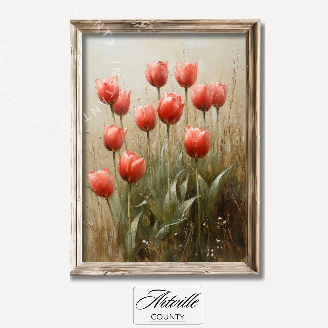 Red Tulip Printable Painting, Vintage Botanical Print, Muted Floral ...