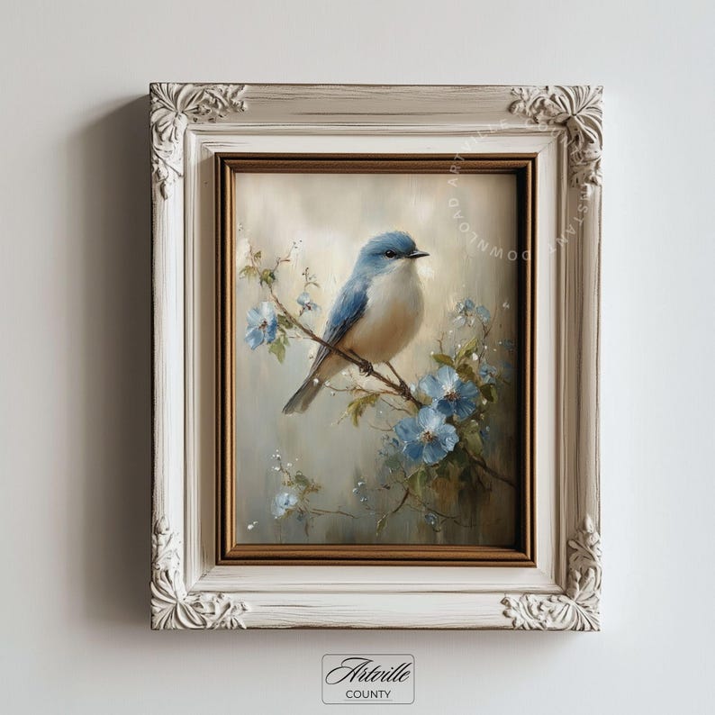 Vintage Bluebird on Tree Wall Art, Printable Bird Oil Paining, Blooming ...