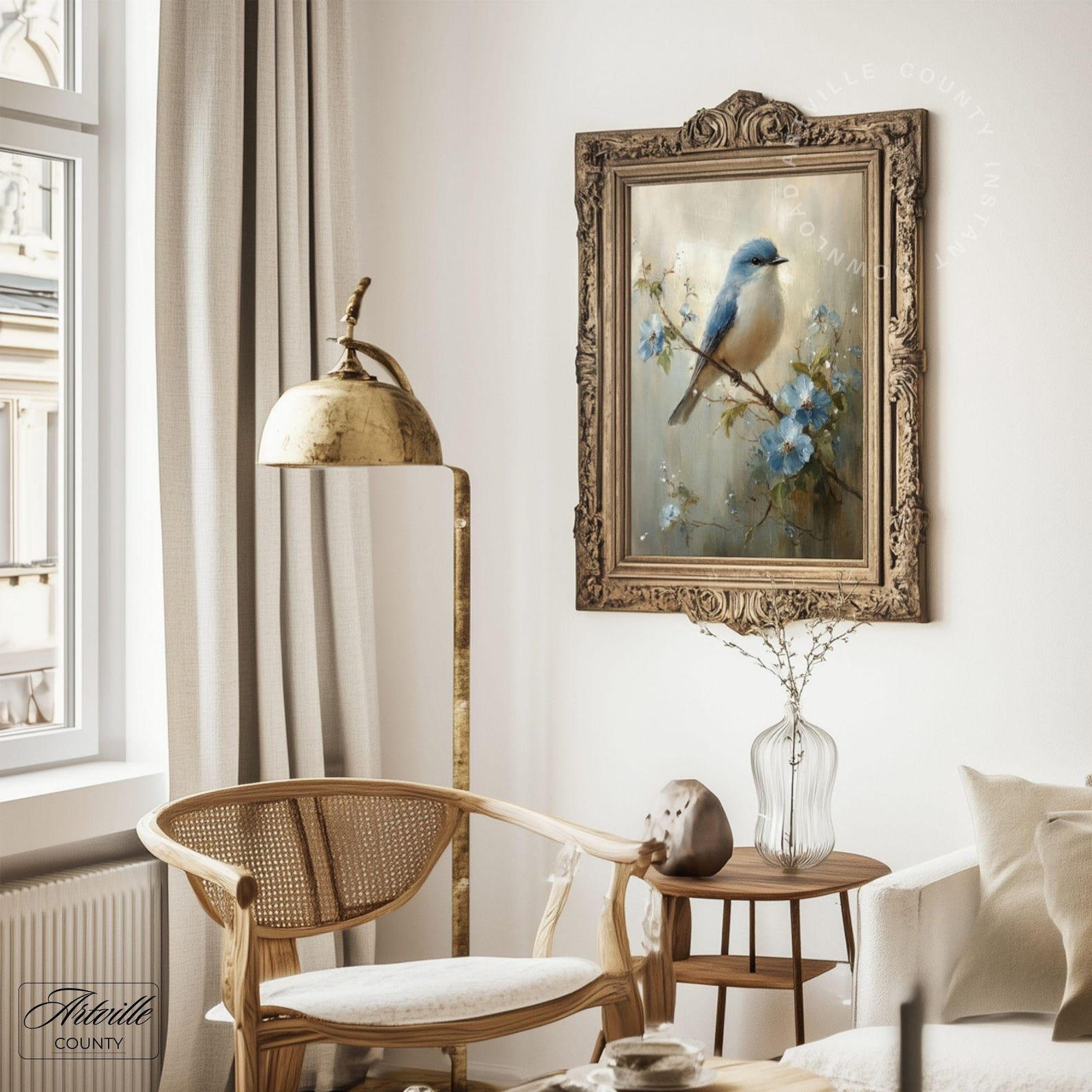 Vintage Bluebird on Tree Wall Art, Printable Bird Oil Paining, Blooming ...