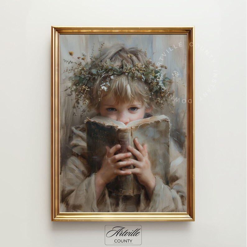 Printable Child Reading Book Painting, Vintage Oil Painting for ...
