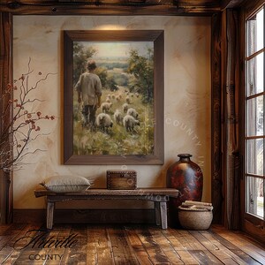 Vintage Shepherd With Sheep Painting, Grazing Sheep Print, Farm Animal ...