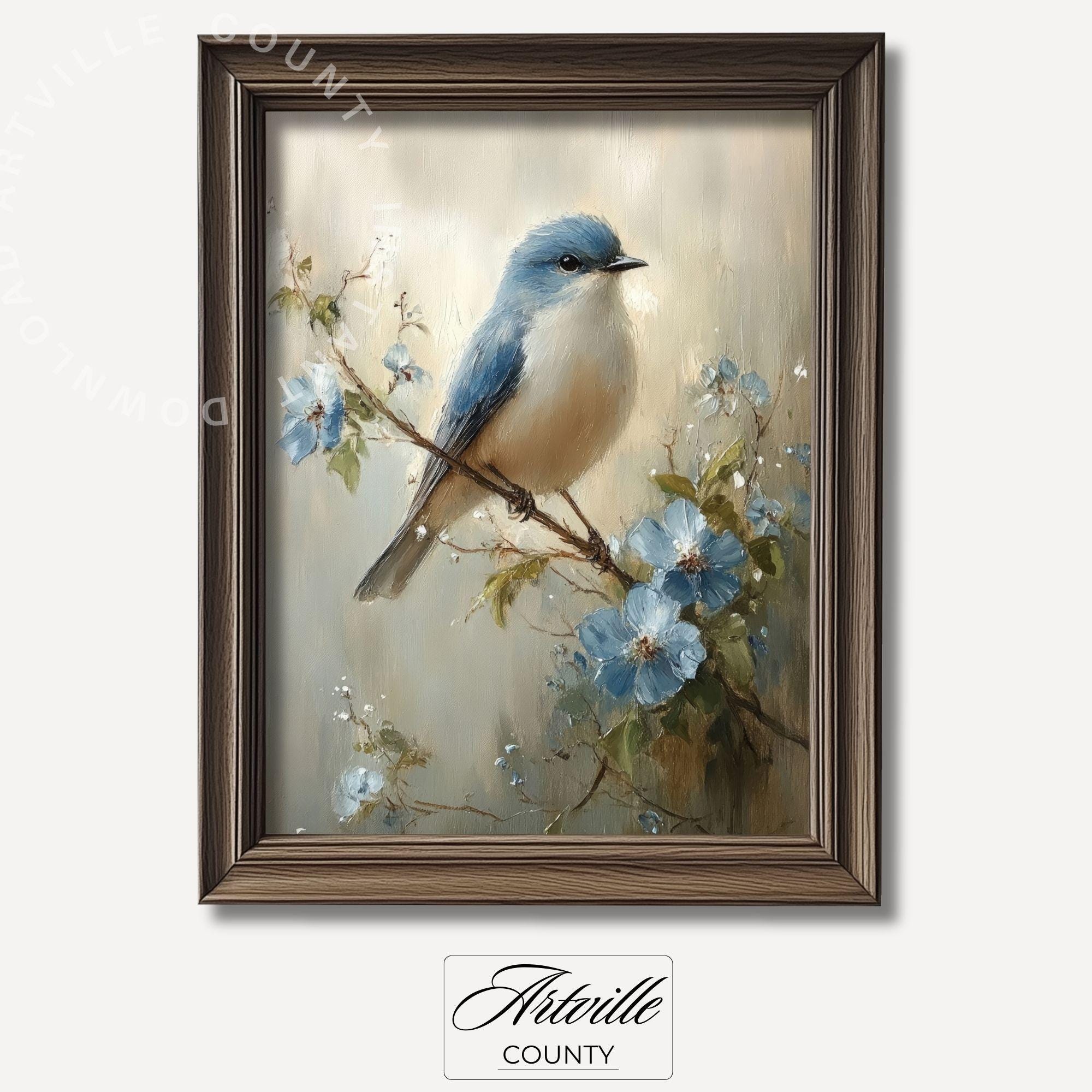 Vintage Bluebird on Tree Wall Art, Printable Bird Oil Paining, Blooming ...
