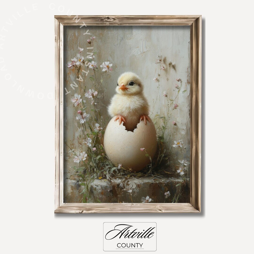 Printable Baby Chick Painting, Vintage Easter Print, Newborn Chick Wall ...