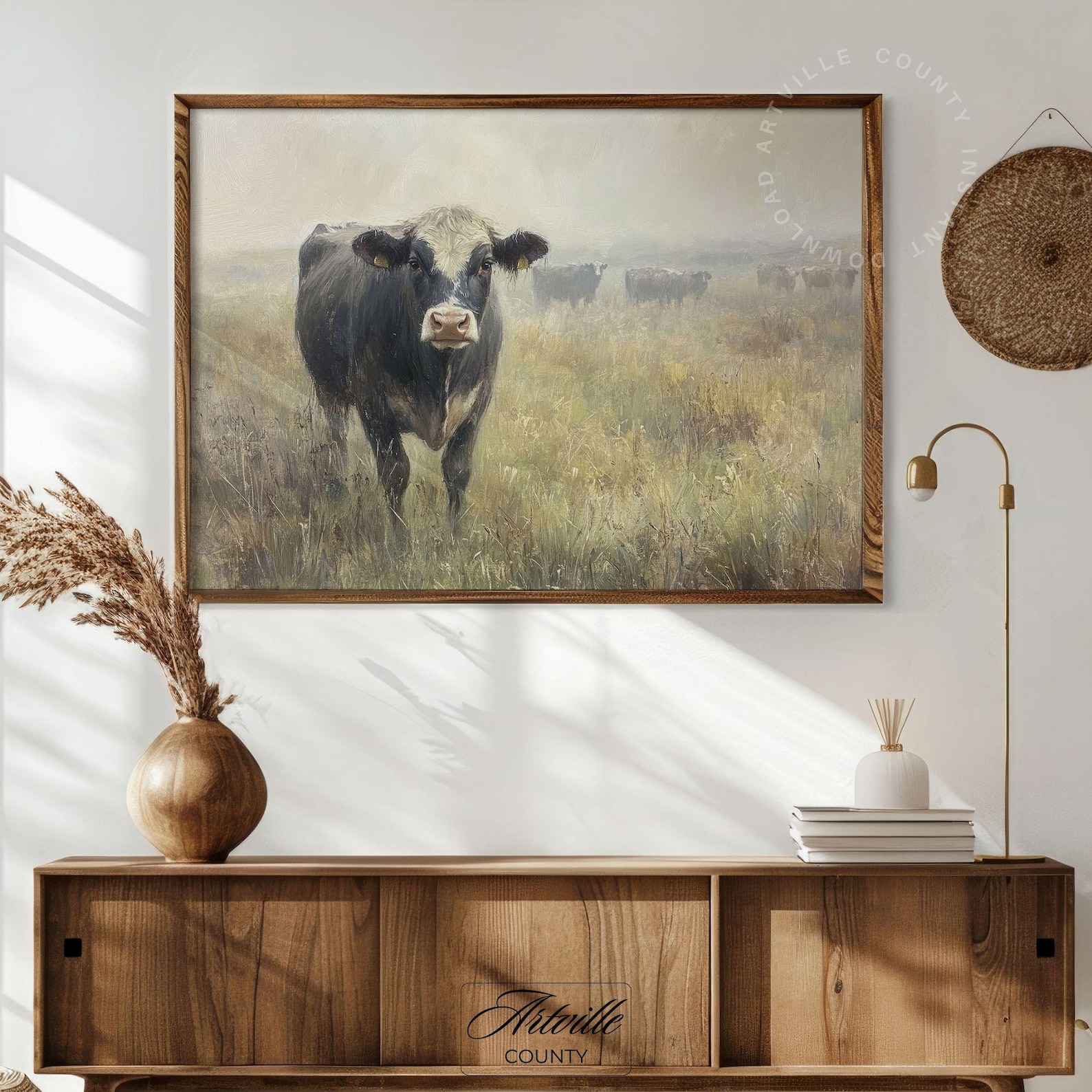 Printable Vintage Cow Print, Country Landscape Painting, Cow Art ...