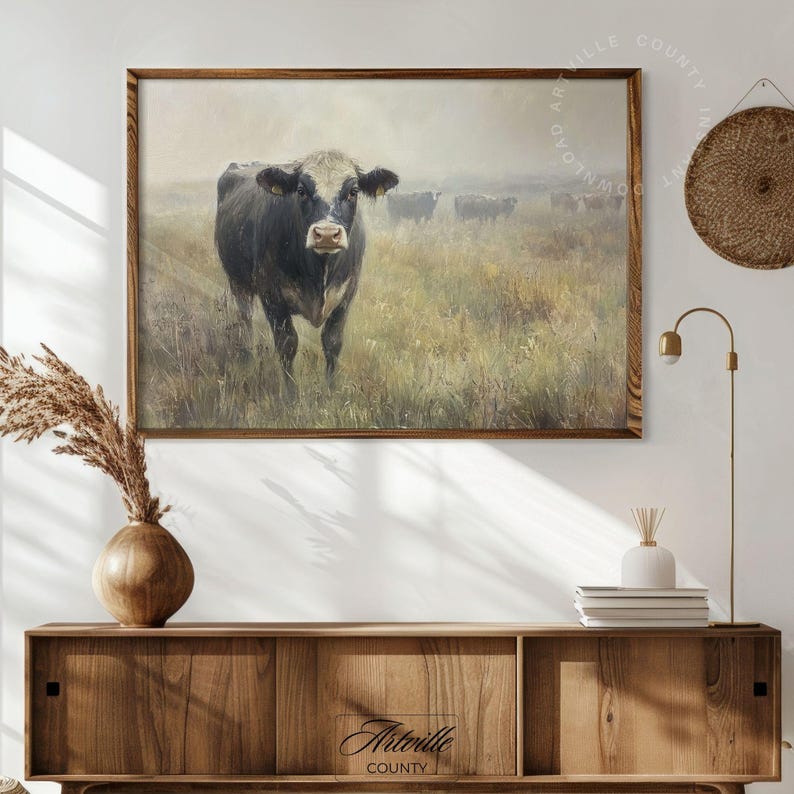 Printable Vintage Cow Print, Country Landscape Painting, Cow Art ...