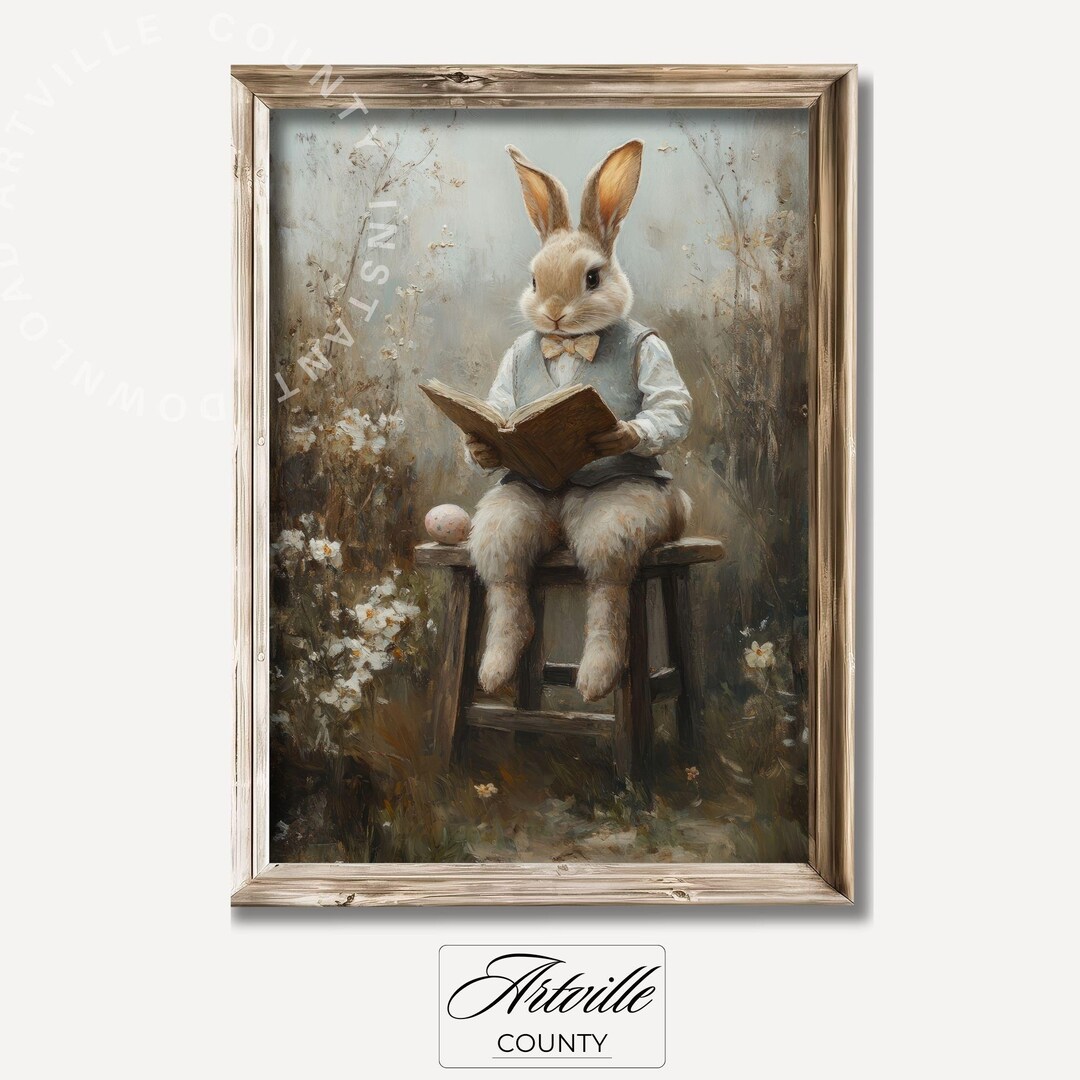 Easter Bunny Reading Book Painting, Whimsical Spring Print, Printable ...