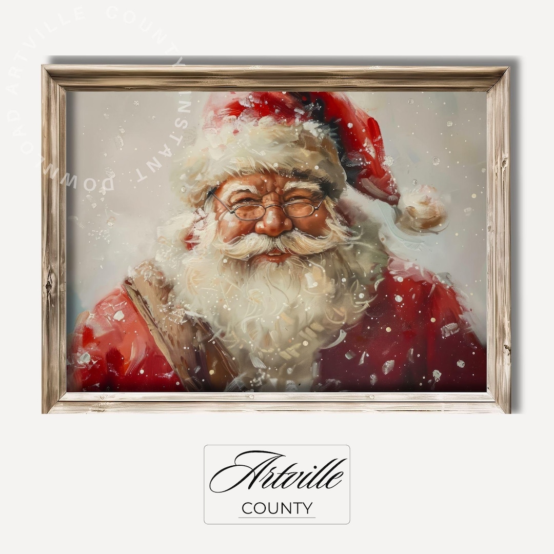 Vintage Santa Portrait Wall Art, Printable Christmas Art, Rustic Winter ...