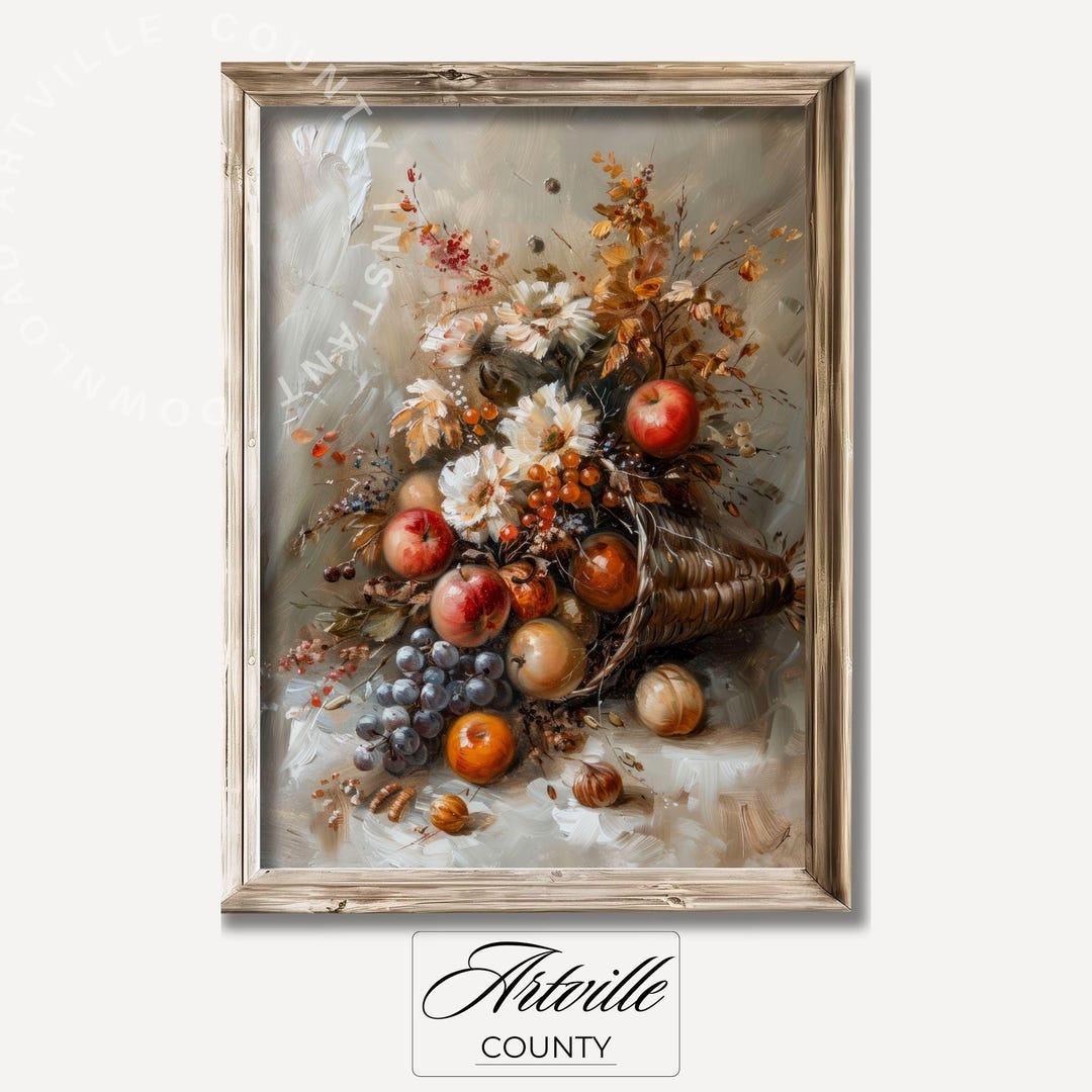 Autumn Cornucopia Still Life Painting, Rustic Fall Decor, Printable ...