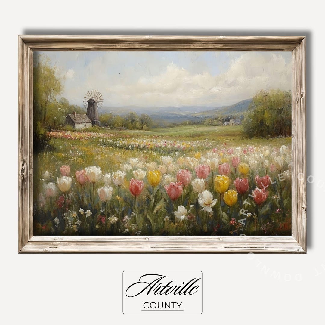 Vintage Spring Landscape Print, Antique Windmill Wall Art, Farmhouse ...