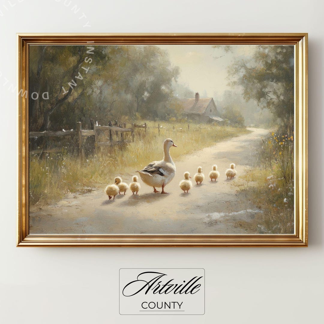Duck With Ducklings Art Print, Printable Countryside Wall Art, Vintage ...