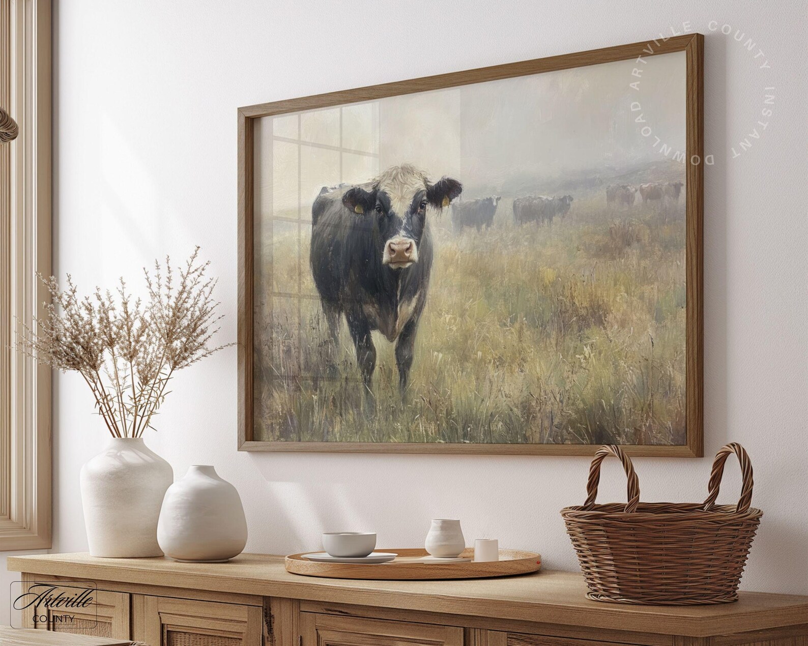 Printable Vintage Cow Print, Country Landscape Painting, Cow Art ...