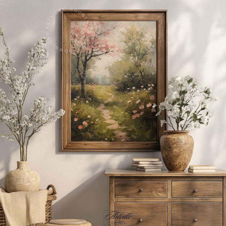 Vintage Cherry Blossom Print Spring Landscape Painting Printable Spring ...