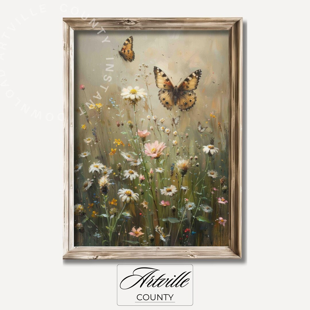 Printable Butterfly on Wildflowers Painting Farmhouse Rustic Decor ...