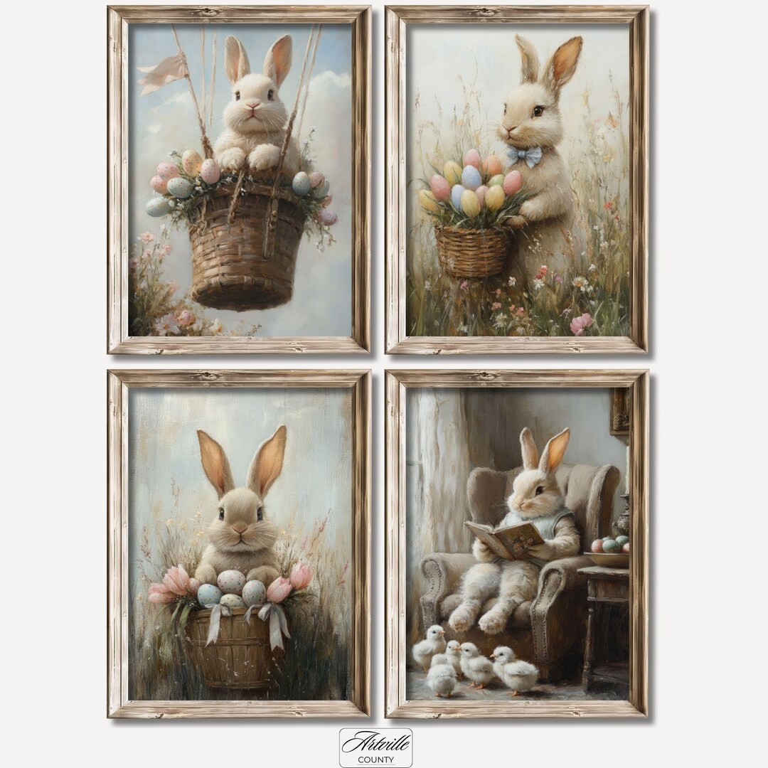 Vintage Easter Bunny Print Set of 4, Printable Easter Eggs Painting ...