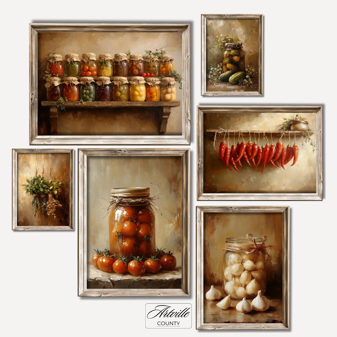 Vintage Kitchen Prints Set of 6, Printable Farmhouse Kitchen Wall Art ...