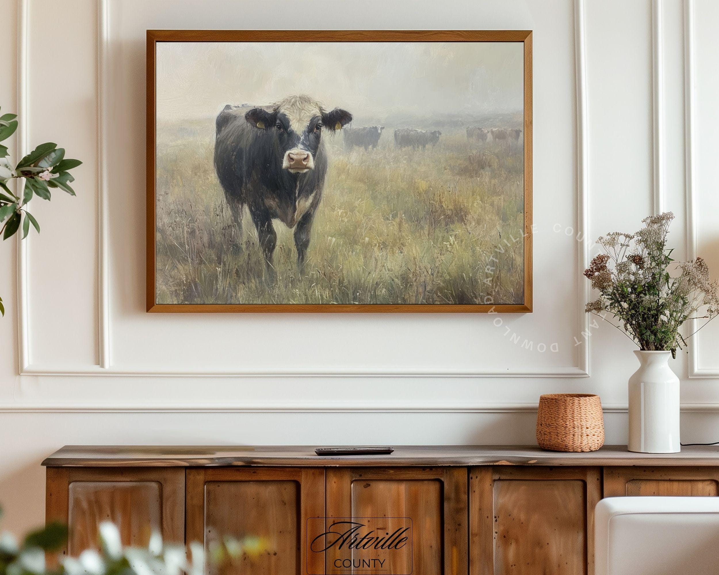 Printable Vintage Cow Print, Country Landscape Painting, Cow Art ...