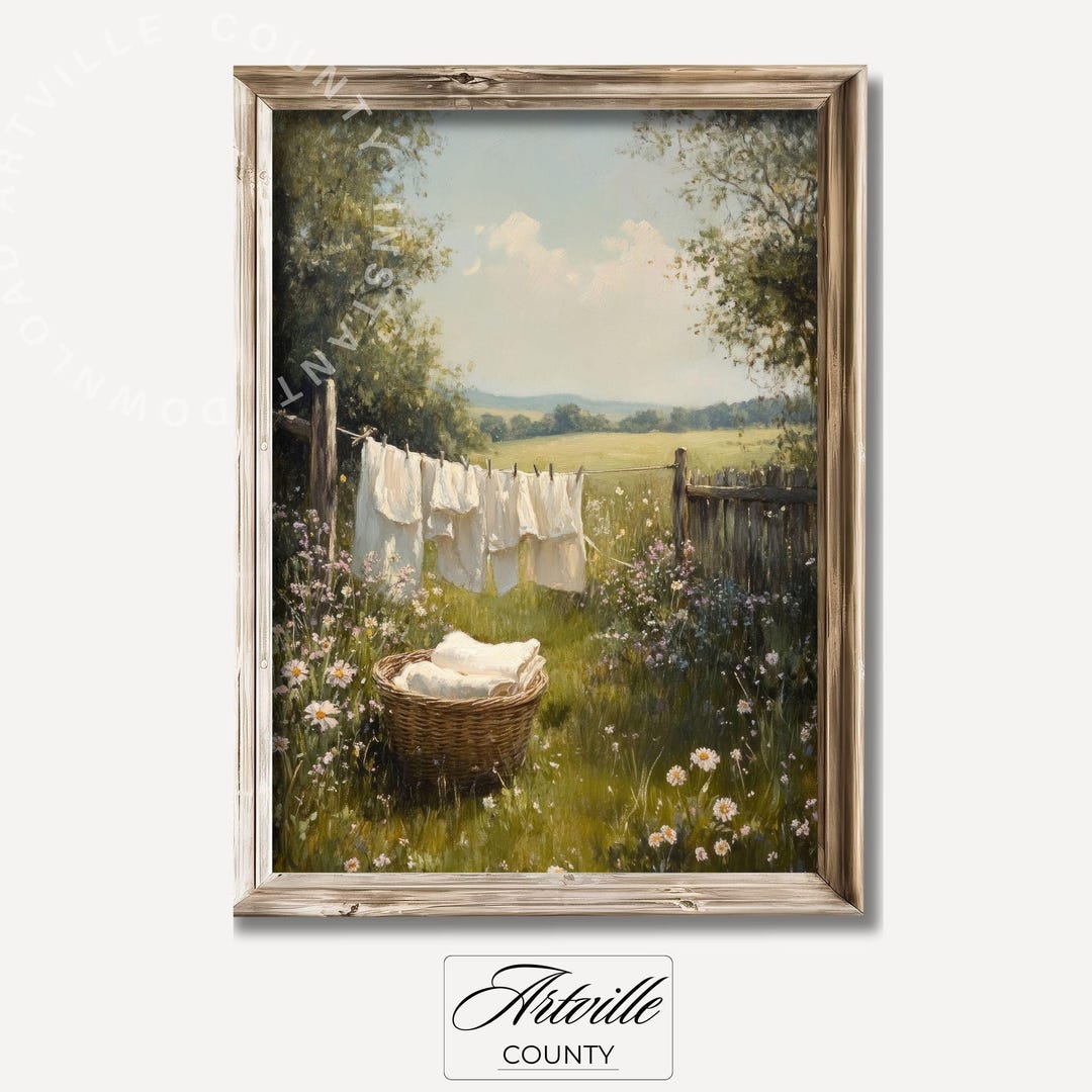 Farmhouse Laundry Day Print, Printable Country Landscape Painting ...